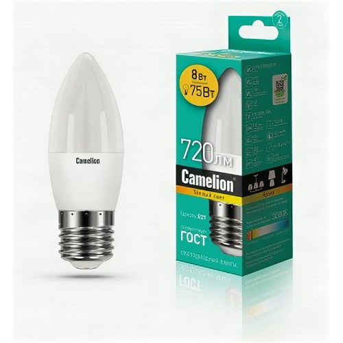 Светодиодная LED лампа Camelion Свеча E27 8W(720lm 220°) 3000K 2K матовая 106x37 пластик LED8-C35/830/E27 (упаковка 14 штук)