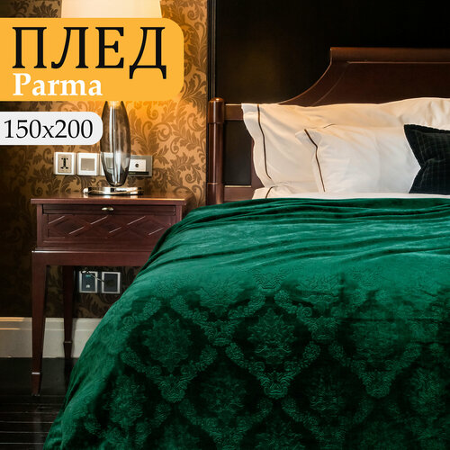 Плед 150х200 1.5-спальный Cleo Parma темно-зеленый, покрывало на кровать и диван пушистое с рисунком, велсофт