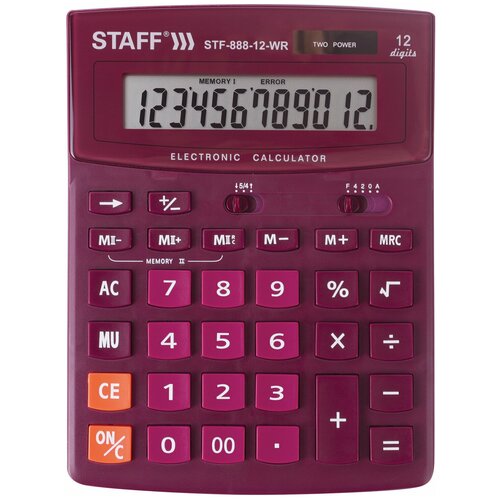 Калькулятор настольный STAFF STF88812WR 200х150 мм 12 разрядов двойное питание бордовый