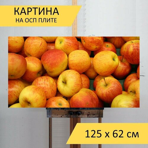 Картина на ОСП 125х62 см. "Яблоки, фрукты, рынок" горизонтальная, для интерьера, с креплениями