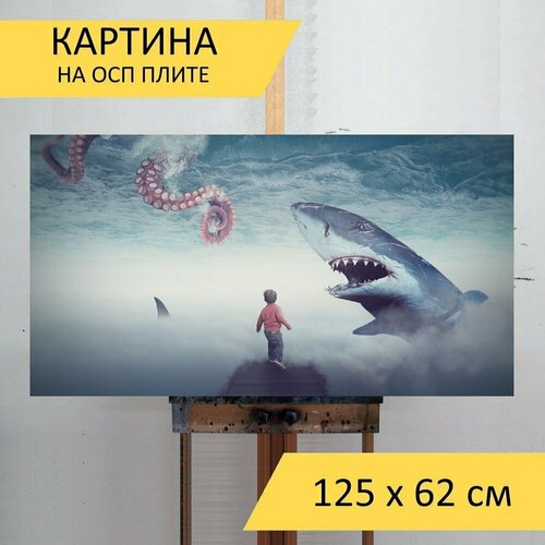 Картина на ОСП 125х62 см. "Фантазия, мечта, шарк" горизонтальная, для интерьера, с креплениями