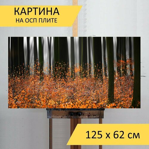 Картина на ОСП 125х62 см. "Тяжесть, лес, листья" горизонтальная, для интерьера, с креплениями