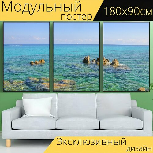 Модульный постер "Море, горные породы, летом" 180 x 90 см. для интерьера