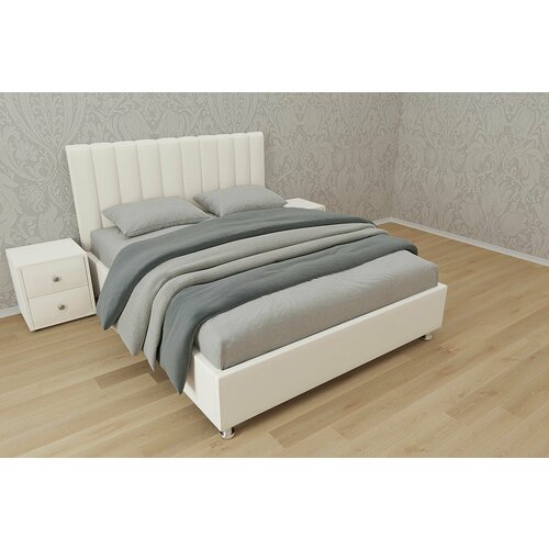 Двуспальная кровать Челси с матрасом 160x200 с подъемным механизмом и с коробом для белья велюр белый ножки 5 см