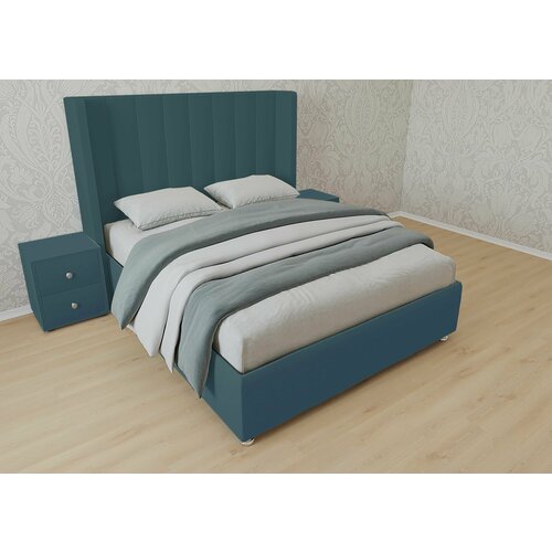 Двуспальная кровать Женева 180x200 с подъемным механизмом и с коробом для белья велюр бирюзовый ножки 13 см хром