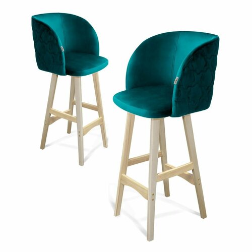 Комплект барных стульев 2 шт, Барный стул со спинкой 2 шт, микровелюр/дерево, альпийский бирюзовый/прозрачный лак