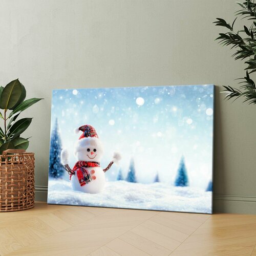 Картина на холсте (Снеговик в красной шапке и шарфе) 30x40 см. Интерьерная, на стену.