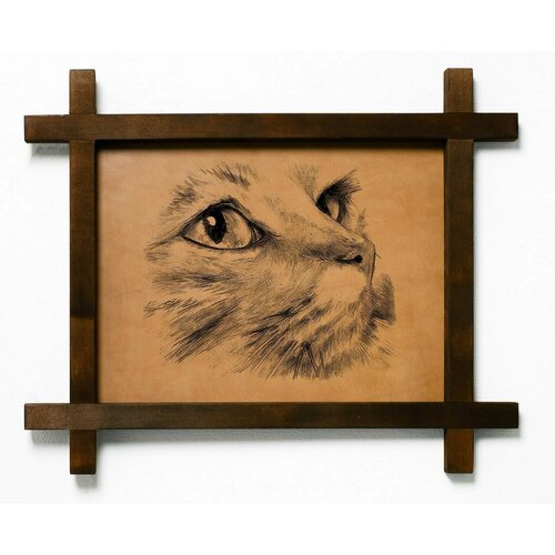 Картина "Кошка", интерьерная для украшения и декора на стену кухни гостиной детской комнаты спальни в деревянной рамке, подарок, натуральная кожа, BoomGift