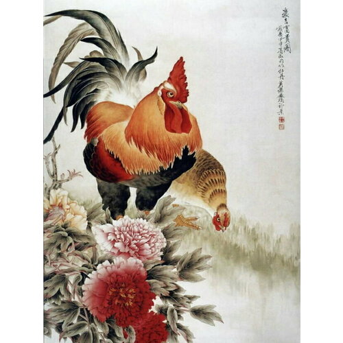 Плакат, постер на холсте Chinese painting/Китайская живопись-Петух/искусство/арт/абстракция/творчество. Размер 60 х 84 см