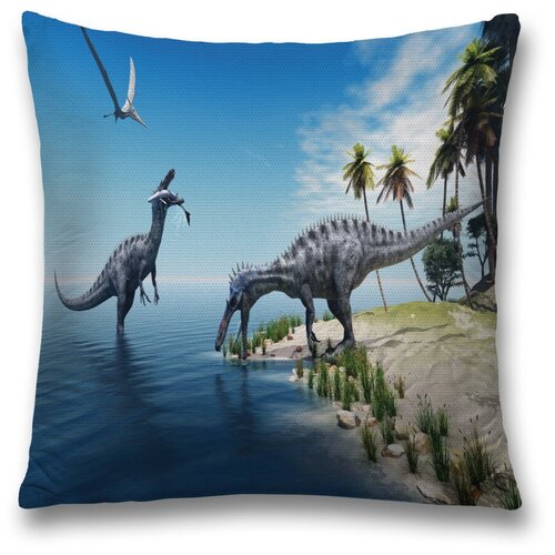 Наволочка декоративная на молнии, чехол на подушку JoyArty "Динозавры на рыбалке" 45х45 см