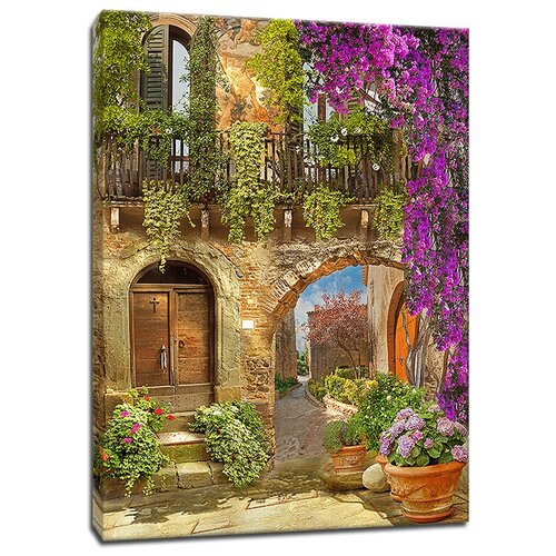 Картина Уютная стена "Дворик в старом городе с цветами" 50х60 см