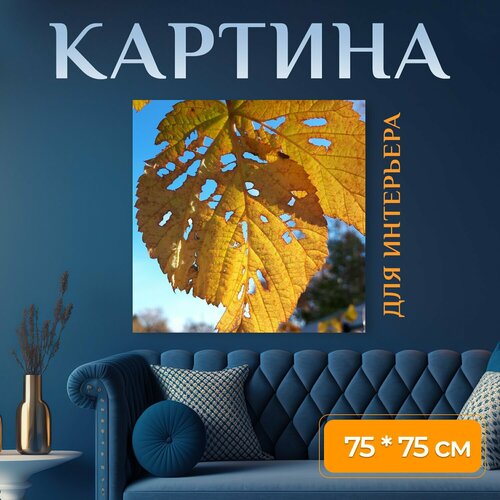 Картина на холсте "Лист, осень, желтый" на подрамнике 75х75 см. для интерьера