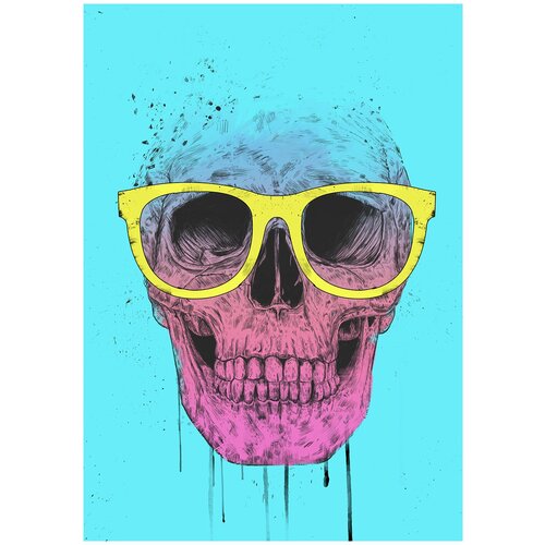 Интерьерный постер на стену в подарок "Pop art skull with glasses" размера 40x50 см 400*500 мм в черной раме для декора комнаты, офиса или дома