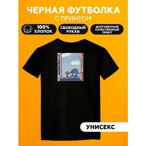 Футболка мультик том и джерри в окне, размер XL, черный