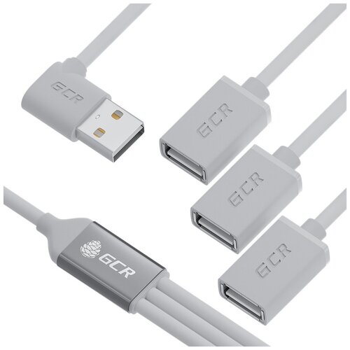 GCR USB Hub на 3 порта, 0.35m, гибкий, двусторонний угловой AM / 3 х AF, белый