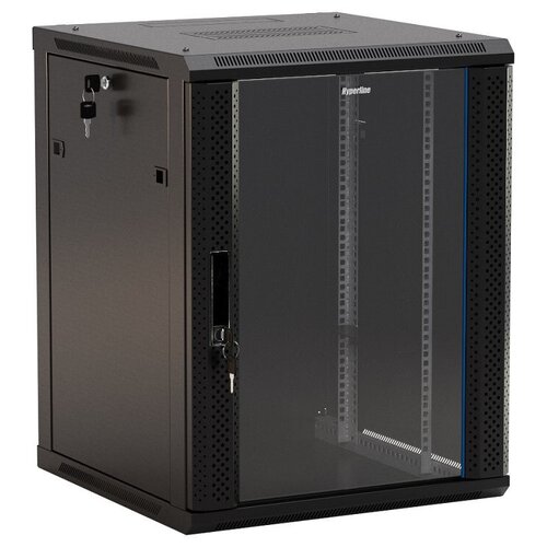 Шкаф серверный Hyperline (TWB-1866-GP-RAL9004) настенный 18U 600x600мм пер. дв. стекл 2 бок. пан. 60кг черный IP20 сталь