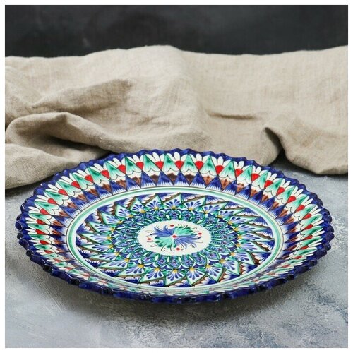 Тарелка плоская рифленая Риштанская Керамика, 27 см, тарелка для подачи блюд, тарелки для сервировки