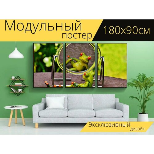 Модульный постер "Лягушка, зеркала, зеркальное изображение" 180 x 90 см. для интерьера