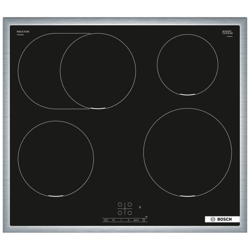 Индукционная варочная панель BOSCH PIF645BB5E, с рамкой, цвет панели черный, цвет рамки серебристый