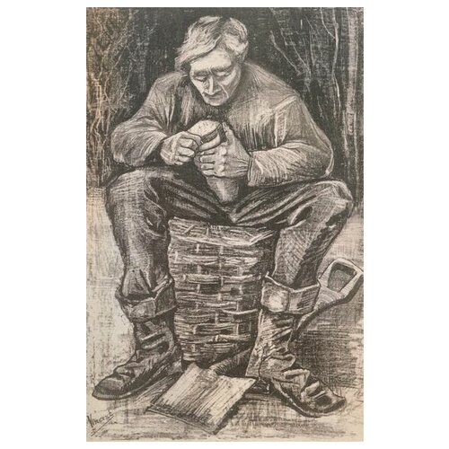 Репродукция на холсте Рабочий сидит на корзине, нарезка хлеба (Workman Sitting on a Basket, Cutting Bread) Ван Гог Винсент 40см. x 63см.