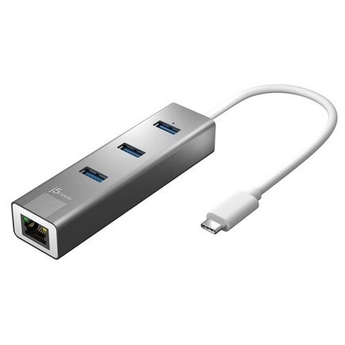 Многопортовый адаптер j5create JCH474 с кабель-коннектором USB-C (3 USB-A 3,0, Gigabit Ethernet) (Серый космос / Space Gray)