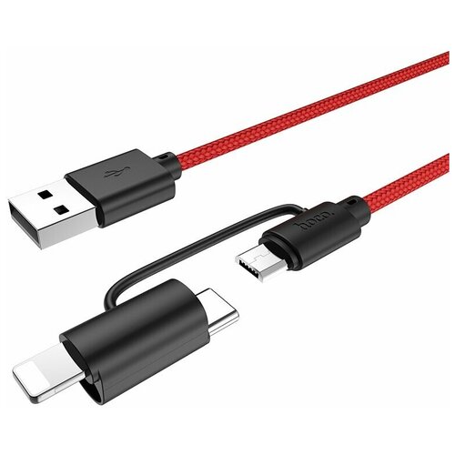 Кабель USB - Apple 8 pin, Type-C, микро USB HOCO X41, 1.0м, круглый, 2.4A, нейлон, цвет красный