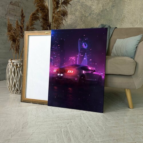Картина на холсте "Автомобиль едет по улице города ночью" 50x70 см. Интерьерная, на стену.