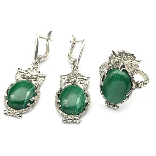 Комплект бижутерии: серьги, кольцо, малахит, размер кольца 21.5, зеленый