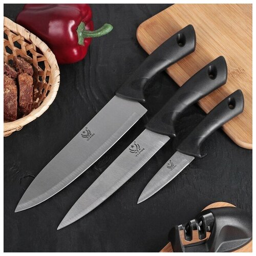 Набор кухонных ножей «Энеолит», 3 предмета, лезвие 8,5 см, 17 см, 20 см, цвет чёрный