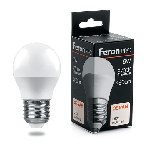 Лампа светодиодная LED 6вт Е27 теплый матовый шар Feron.PRO | код 38068 | FERON (4шт. в упак.)