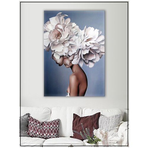 Картина для интерьера на натуральном хлопковом холсте "Девушка с цветами на голове", 30*40см, холст на подрамнике, картина в подарок для дома