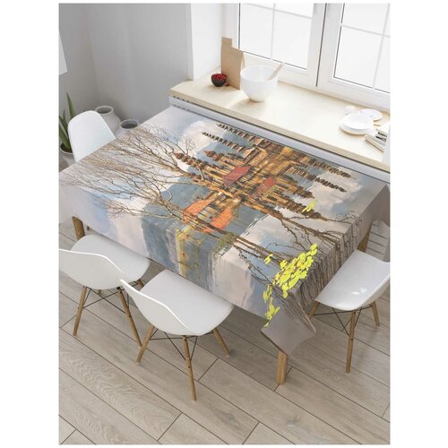 Скатерть прямоугольная JoyArty на кухонный стол "Поселок вблизи воды" из оксфорда, 180x145 см