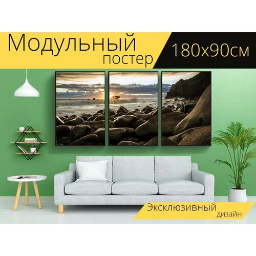 Модульный постер "Горные породы, пляж, море" 180 x 90 см. для интерьера