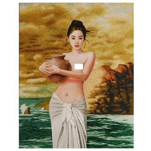 Картина вышитая шелком Панно Девушка у моря ручной работы /см 66х87х3/в багете