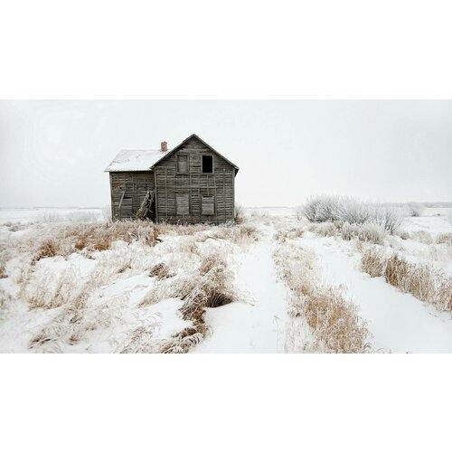 Картина на холсте 60x110 LinxOne "Зима поле пейзаж дом" интерьерная для дома / на стену / на кухню / с подрамником