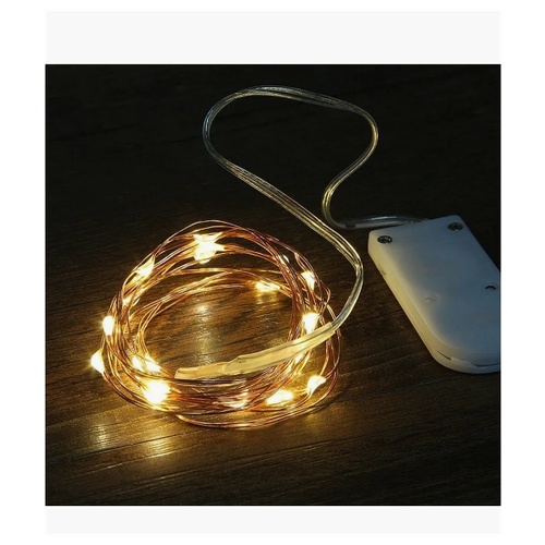 Новогодняя гирлянда светодиодная линейная, 20 LED, тёплая белая, нитка/ леска/ роса, 1 режим, 2 метра, 2*CR2032