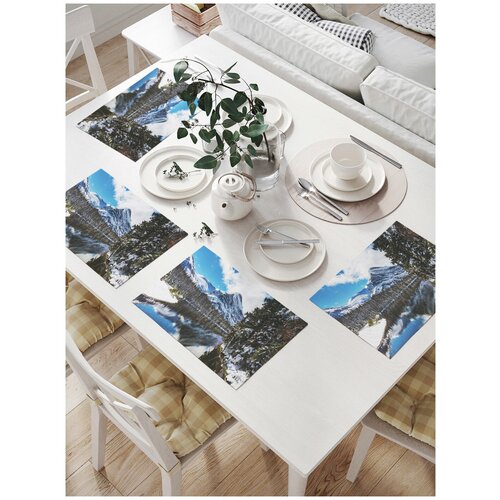 Салфетки на стол для сервировки прямоугольные, плейсмат JoyArty "Горная зимняя река", 32x46 см, в комплекте 4шт.