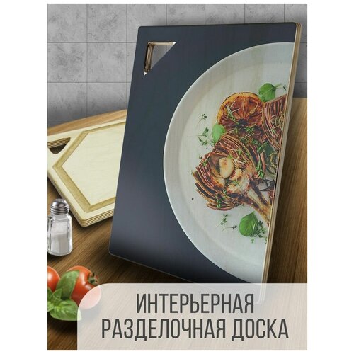 Разделочная доска деревянная, прямоугольная с треугольным отверстием, с принтом еда фастфуд, блюдо - 123