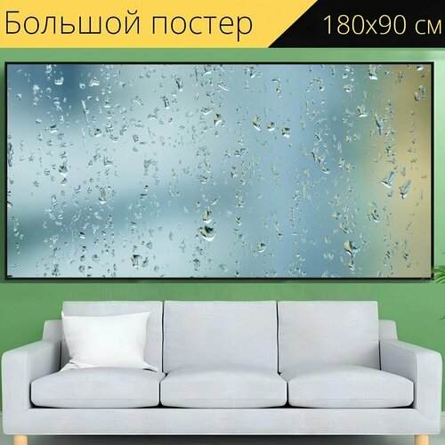 Большой постер "Дождь, капля дождя, окно" 180 x 90 см. для интерьера