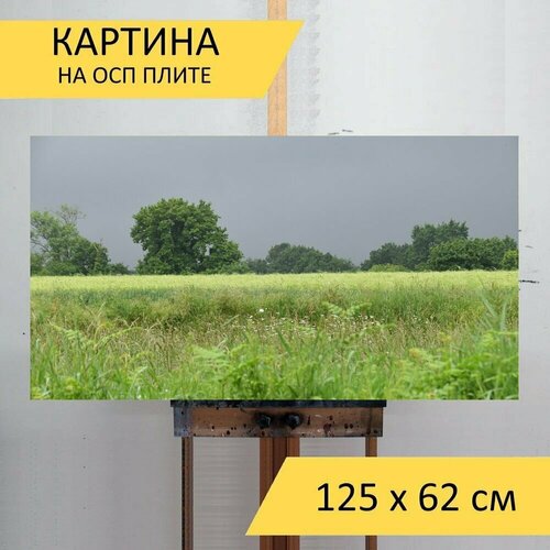 Картина на ОСП 125х62 см. "Сельский пейзаж, панорамный вид, штормовая погода" горизонтальная, для интерьера, с креплениями