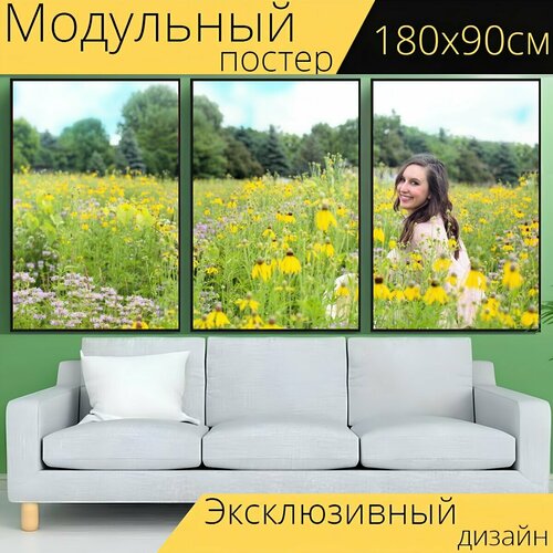 Модульный постер "Женщина, луг, полевые цветы" 180 x 90 см. для интерьера