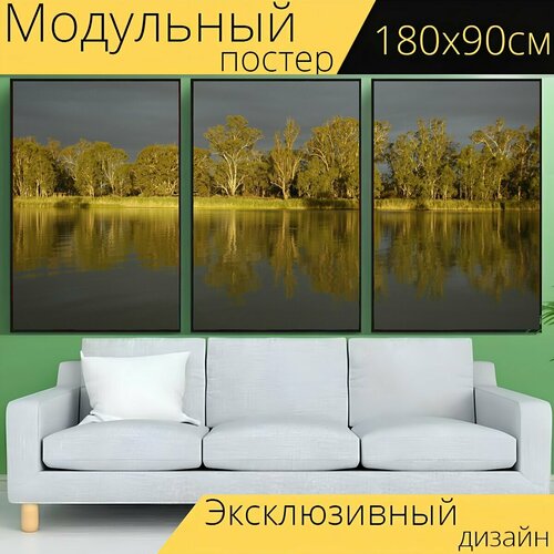 Модульный постер "Деревья, лес, река" 180 x 90 см. для интерьера