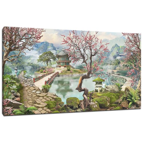 Картина Уютная стена "Японский сад с прудом и сакурой" 120х60 см