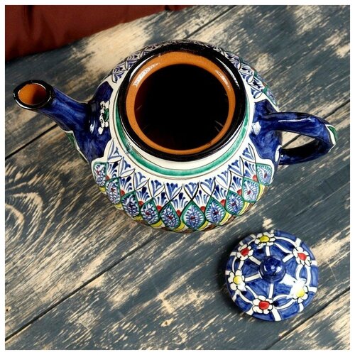 Шафран Заварочный чайник Риштанская керамика Узоры, 1000 мл, 1 л, синий