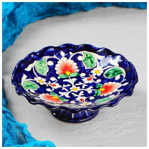Конфетница Риштанская Керамика "Цветы", 14 см, синяя