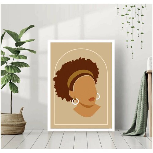 Постер В рамке "Лицо африканской женщины с повязкой на голове. Минимализм. Стиль бохо" 50 на 70 (белая рама) / Картина для интерьера / Плакат