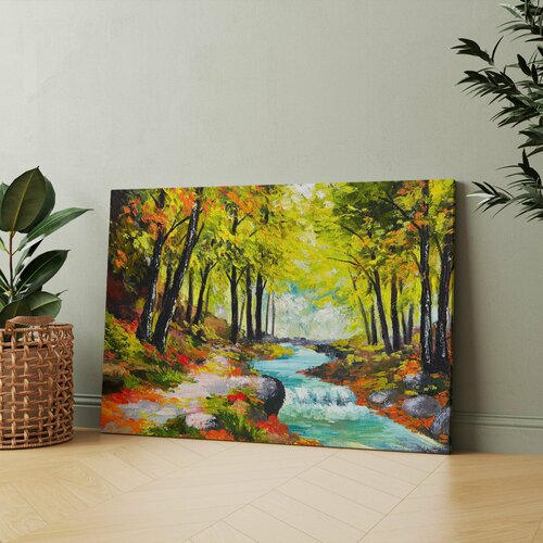 Картина на холсте (осенний пейзаж красками гуашью природа маслом живописный) 50x70 см, для интерьера, в комнату, на стену, в подарок
