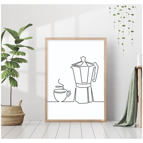 Постер без рамки "Кофе, гейзерная кофеварка, линейный рисунок" 40 на 50 в тубусе / Картина для интерьера / Плакат / Постер на стену