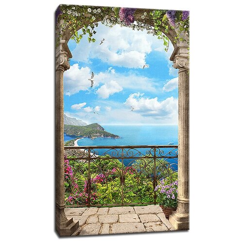Картина Уютная стена "Украшенная цветами терраса с аркой с видом на море" 40х60 см
