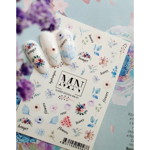MIW Nails "Слайдеры для ногтей" водные наклейки для дизайна #W-01 цветной листья, цветы